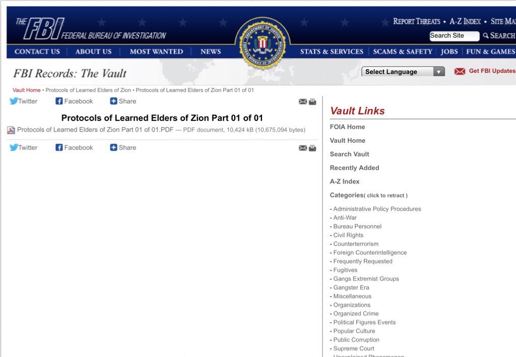 סערה ברשתות בארה"ב: ה-FBI העלה קישור לפרוטוקולים של זקני ציון - Nziv.net